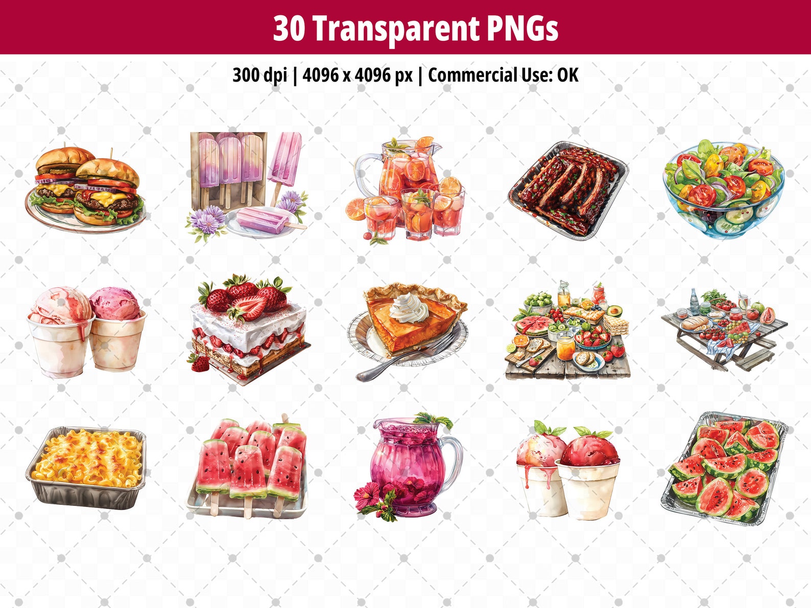 Summer Picnic Watercolor Food Clipart Food Art for Outdoor Cookout BBQ ...