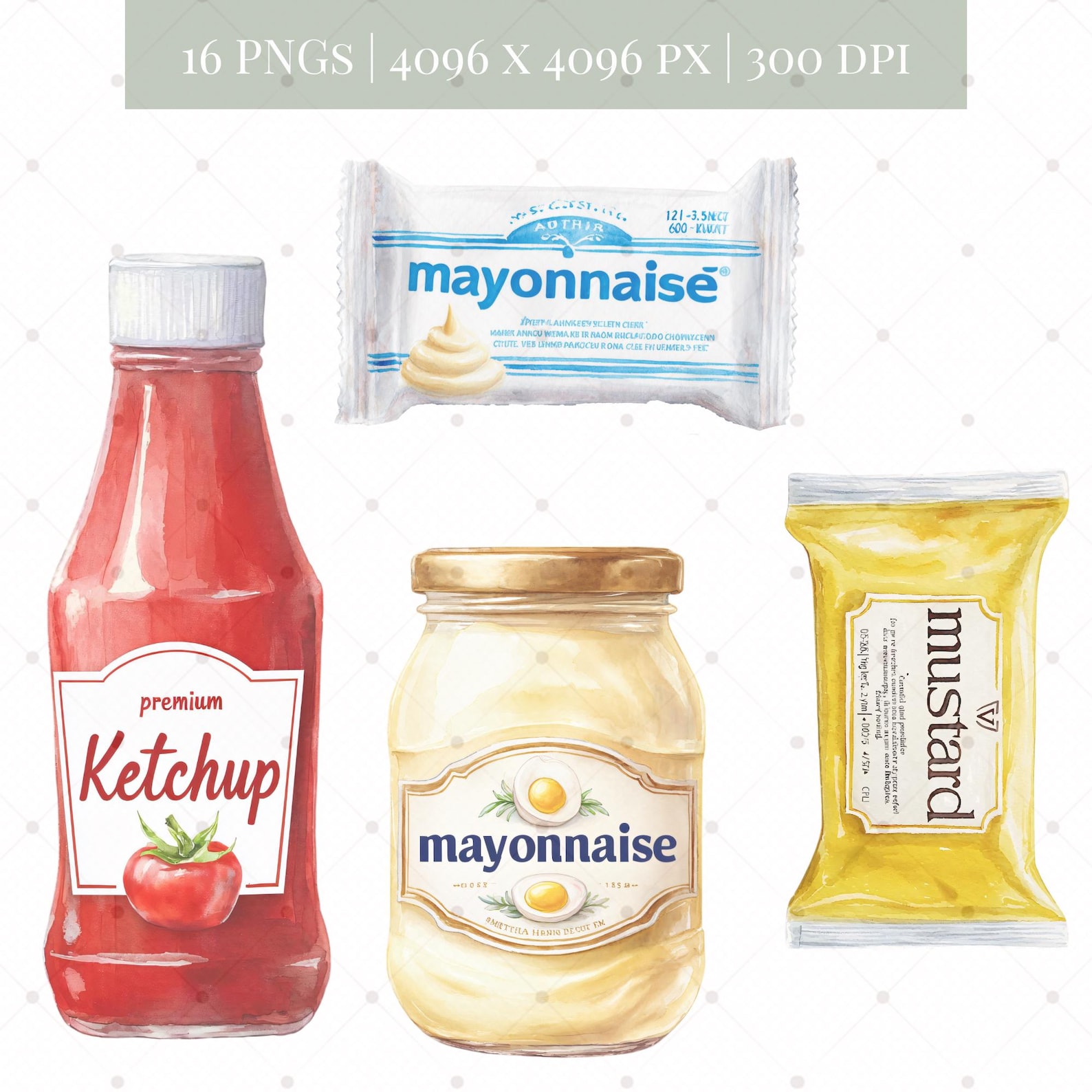Condiments Watercolor Clipart Bundle Printable Food Art Vintage Style ...