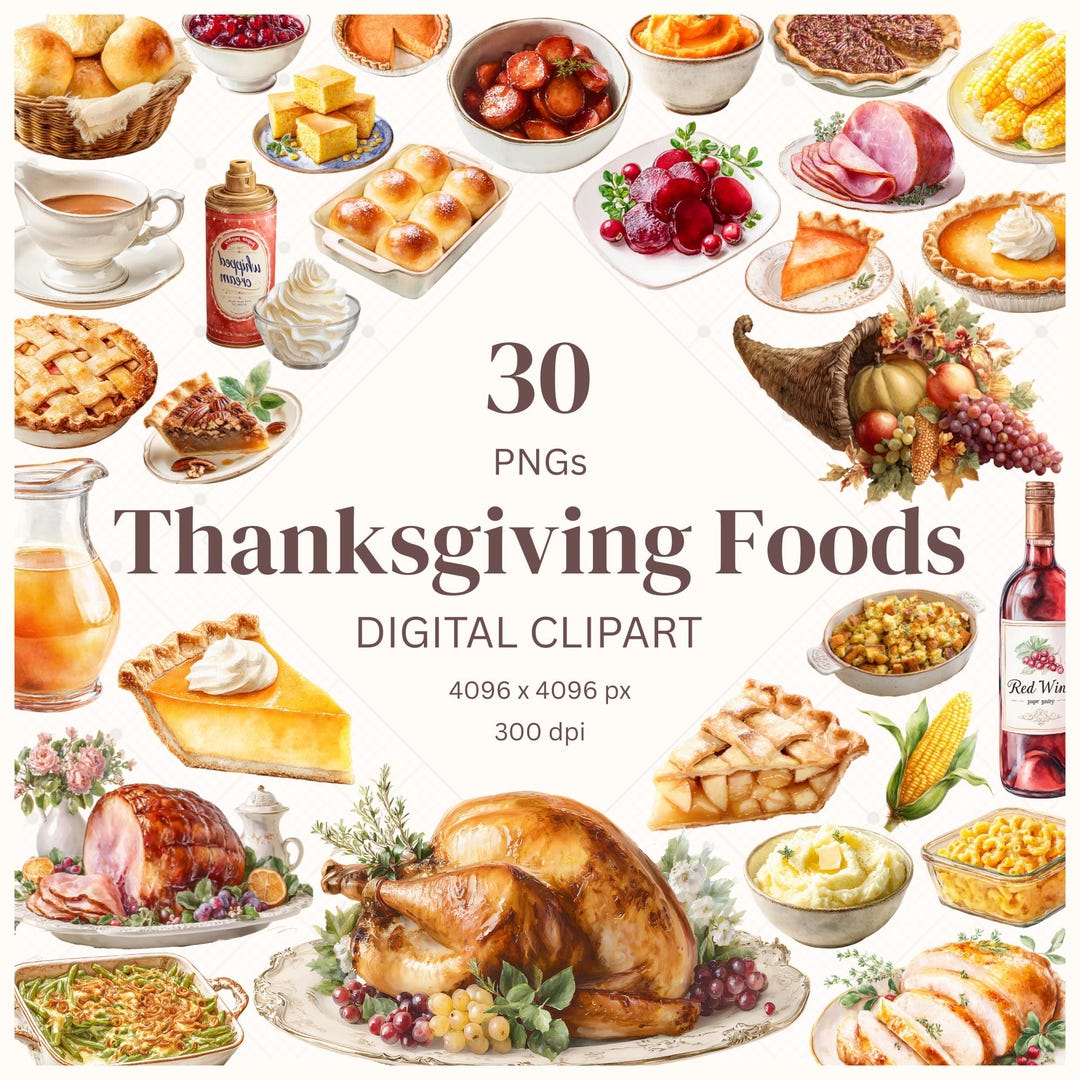 Thanksgiving Dinner Clipart PNG Printable Watercolor Fall Digital ...