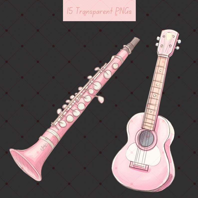 Pink Instruments Clipart Cute Music Clipart PNG Doodle Art Graphics ...