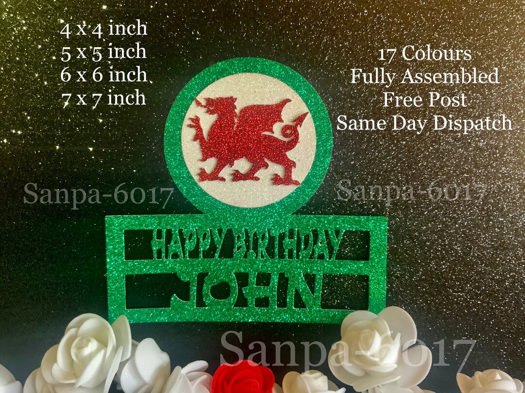Welsh Personalised Glitter Birthday Cake Topper Welsh Dragon Any Age ...