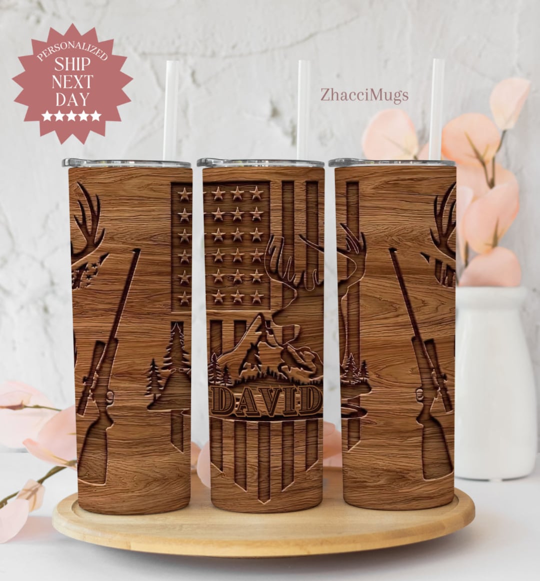Deer Hunter Tumbler Personalized, Deer Hunting Cup, Outdoor Wooden ...