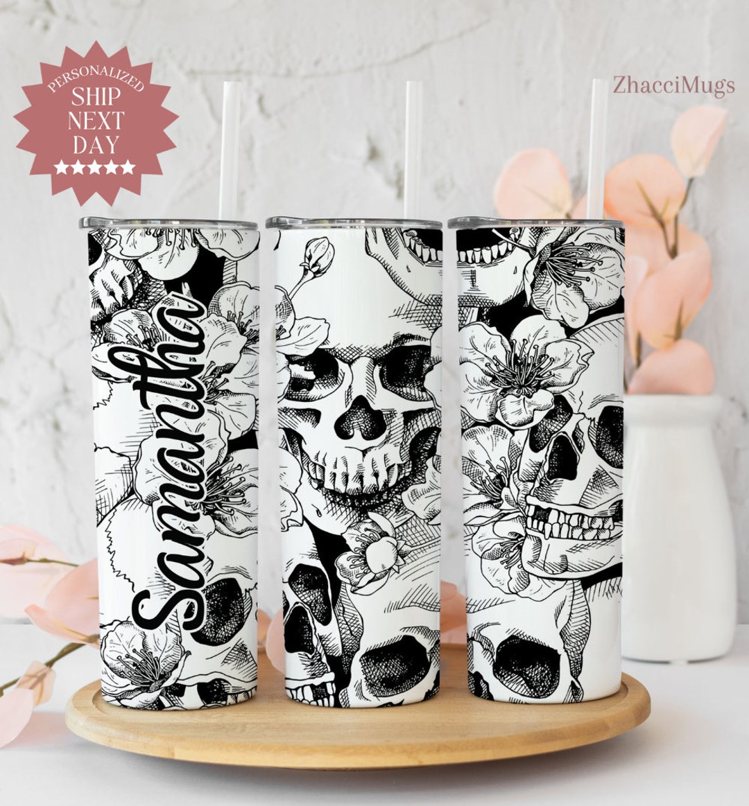 Custom Floral Skulls Tumbler, Skeleton Skull Travel Mug, Skull Lover ...