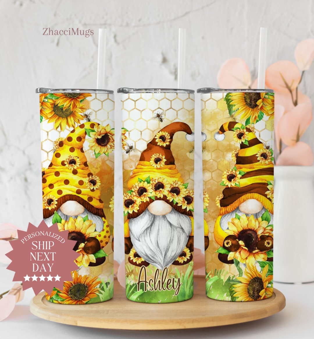 Personalized Gnome Bee Sunflower Tumbler With Straw, Gnome Sunflower ...
