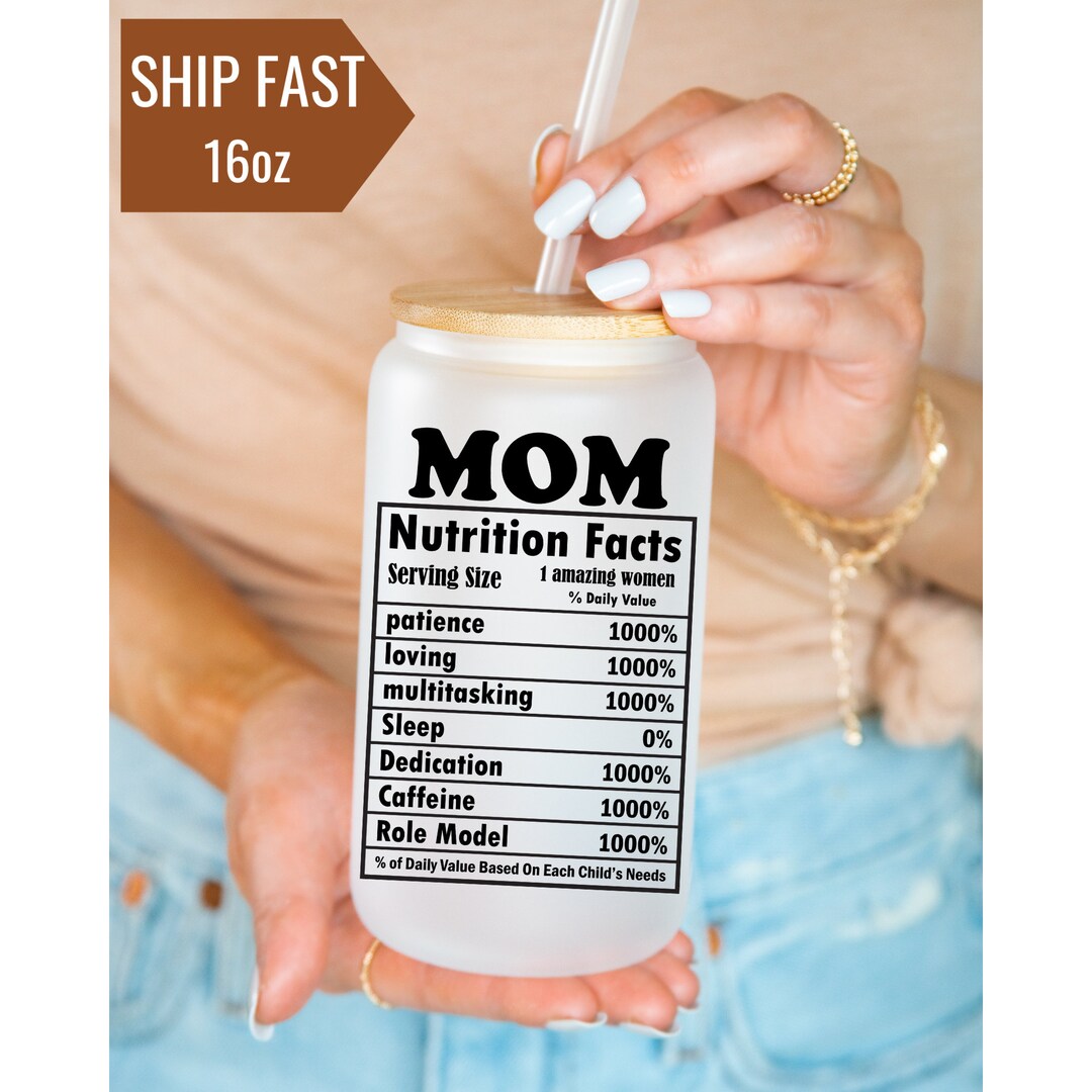 Mom Nutrition Fun Facts Iced Coffee Cup, 16oz Glass Bamboo Lid Cup ...