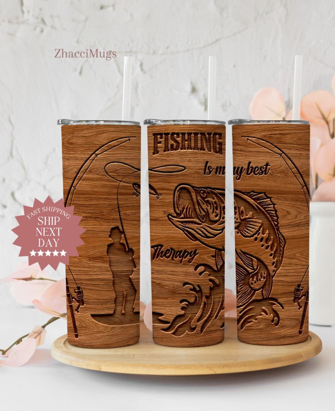 Fishing Tumbler, Fishing is My Best Therapy, Woodgrain Fishing Cup ...