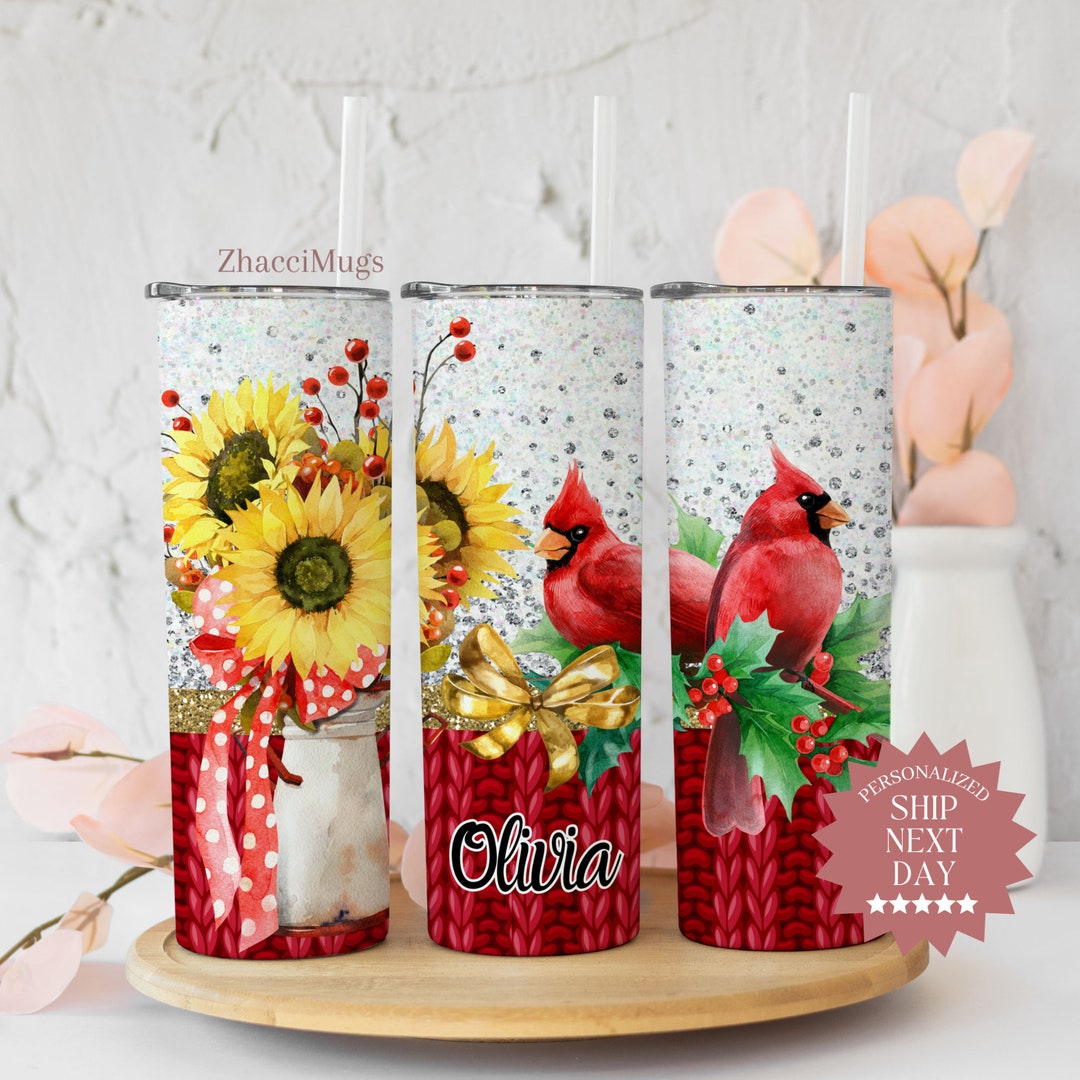 Red Cardinal Tumbler, Personalized Sunflowers Bird Tumbler, Cardinal ...