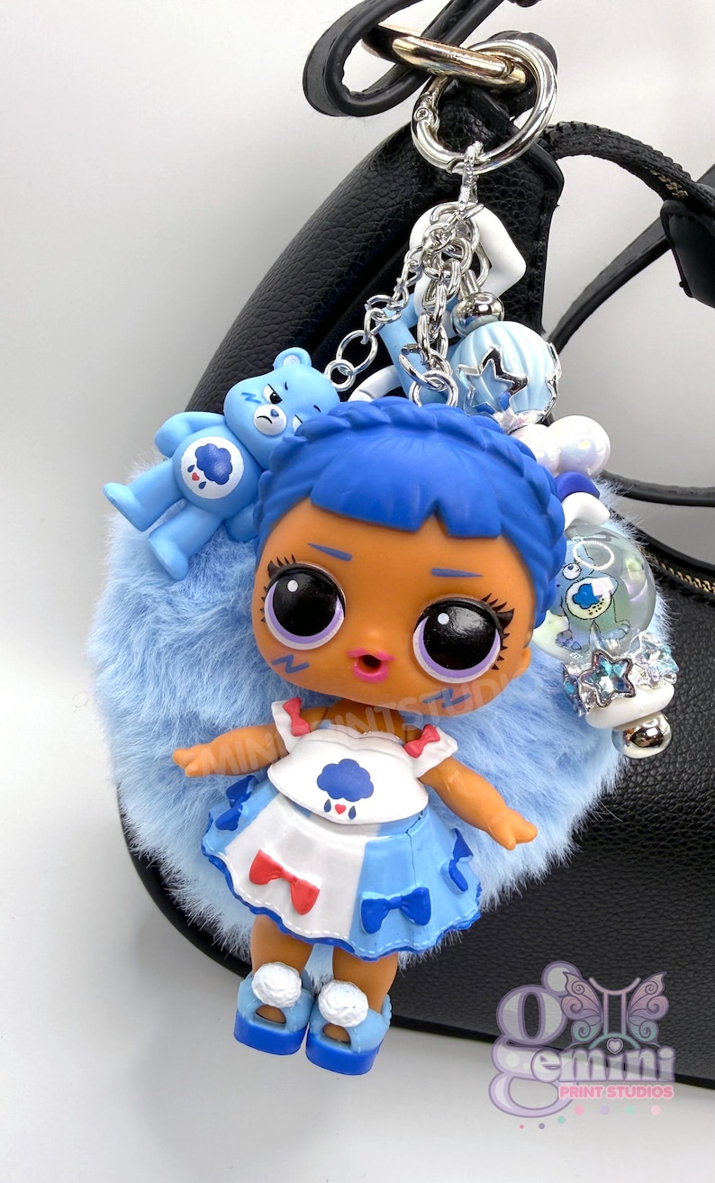LOL Grumpy Carebear Doll Bag Charm With Fluffy Light Blue Heart Pompom ...