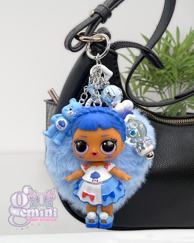 LOL Grumpy Carebear Doll Bag Charm With Fluffy Light Blue Heart Pompom ...