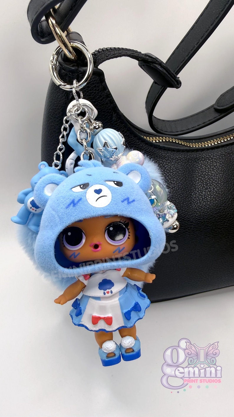 LOL Grumpy Carebear Doll Bag Charm With Fluffy Light Blue Heart Pompom ...