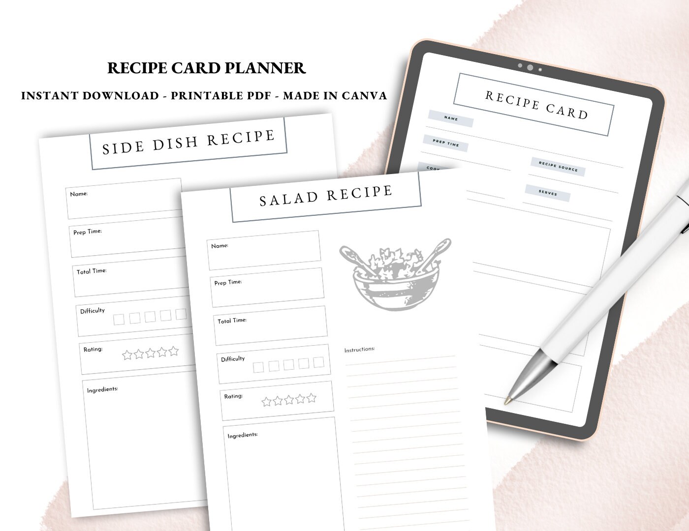 Printable Recipe Card Recipe Book Sheet Digital Food Planner Food ...