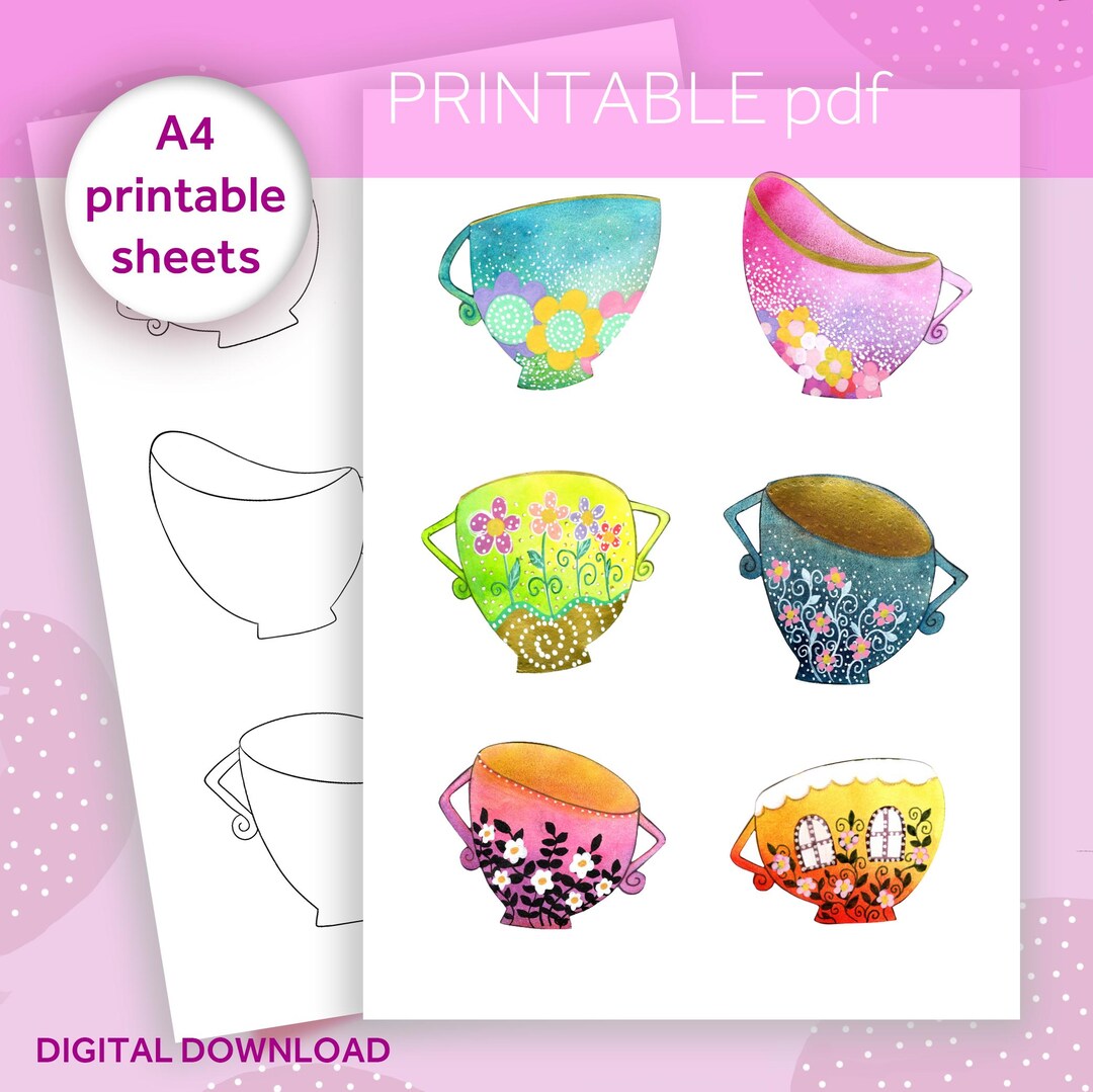 Whimsical Tea Cups, Journal A4 Digital Printable Set Pdf X 2 - Etsy