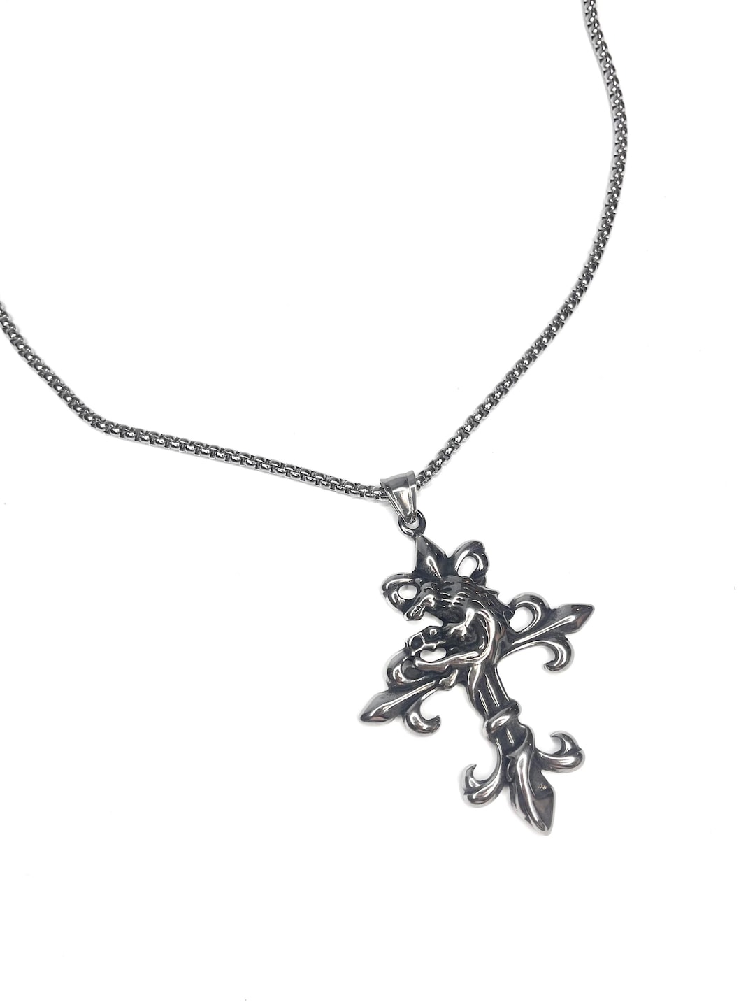 Fleur De Lis Cross Chain, Silver Cross Chain, Grunge Cross Necklace ...