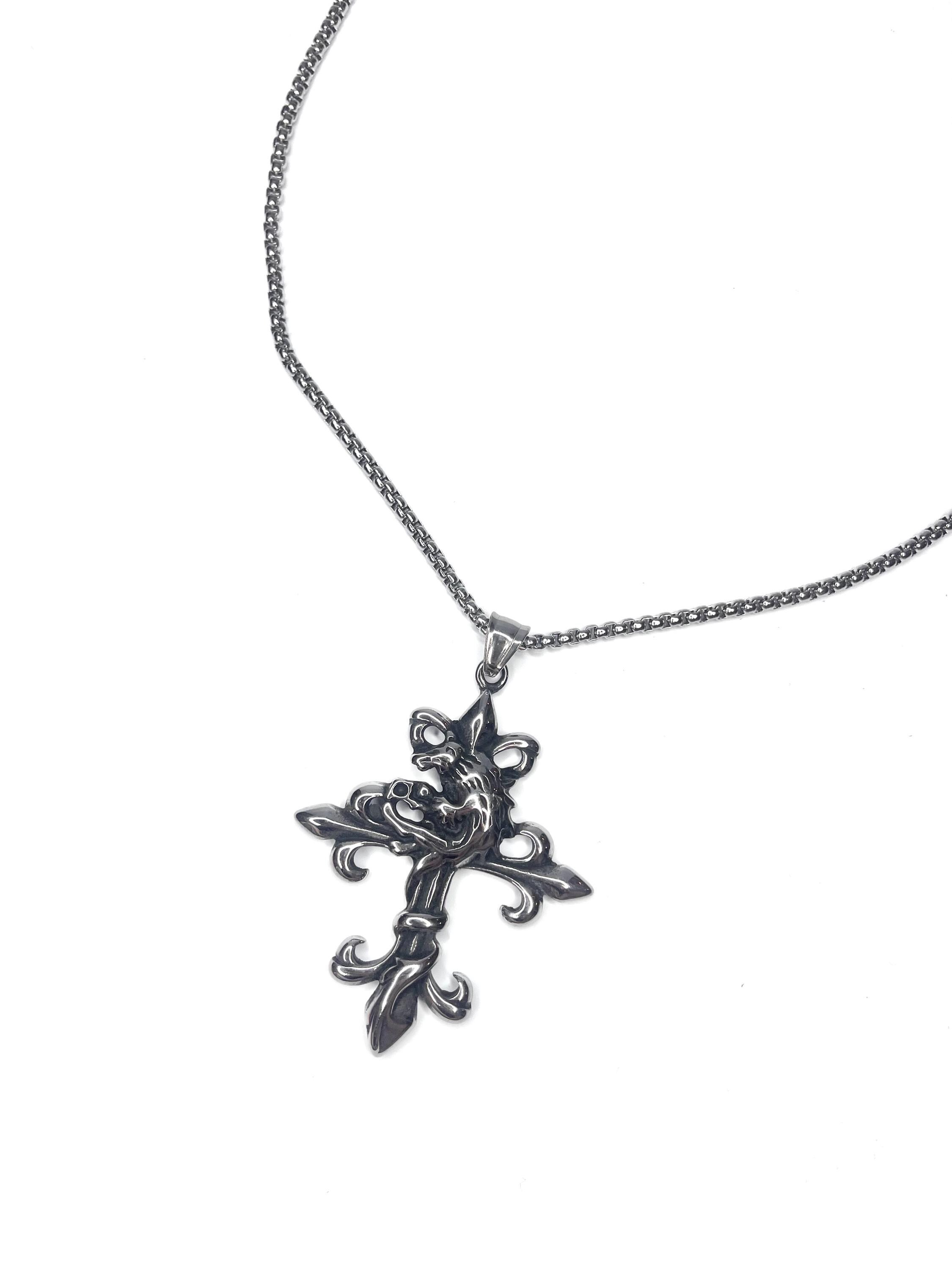 Fleur De Lis Cross Chain, Silver Cross Chain, Grunge Cross Necklace ...