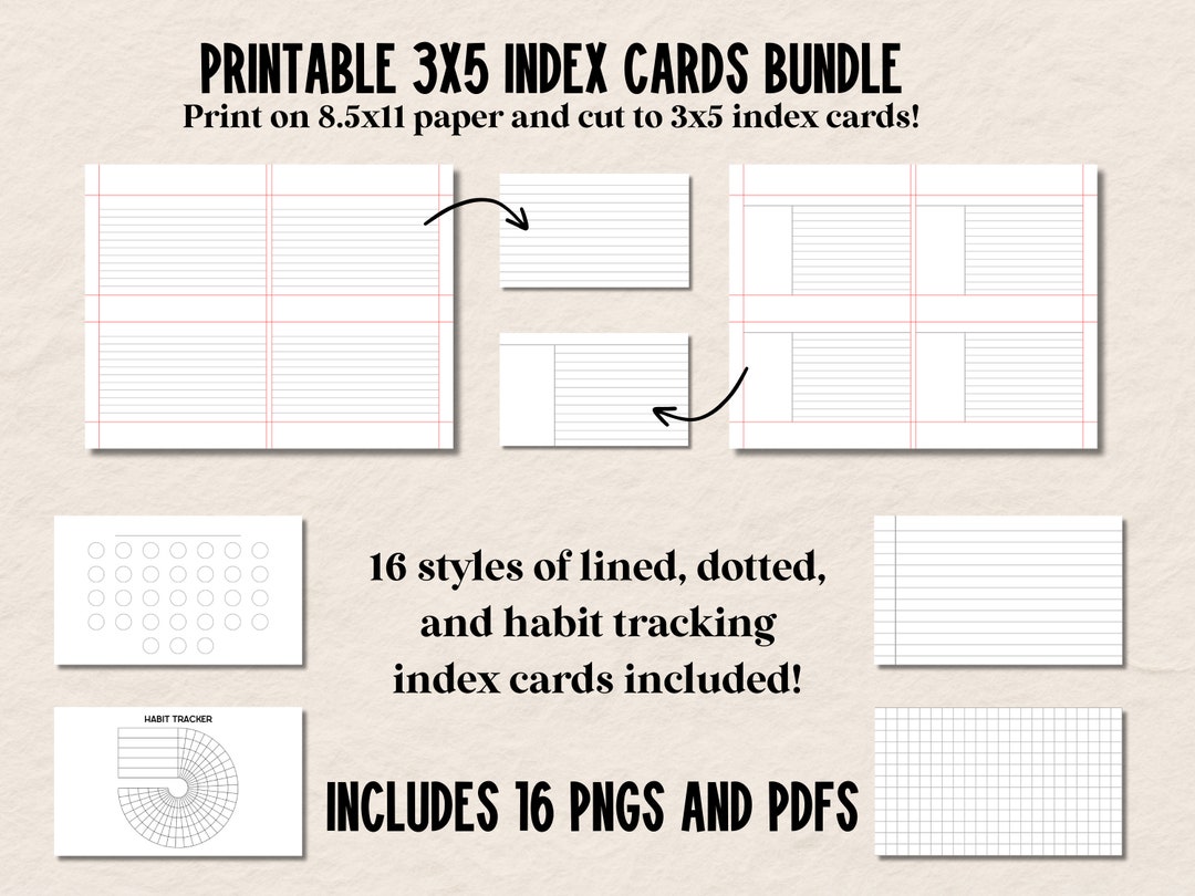Printable 3x5 Index Cards, Lined, Dotted Index Cards, Printable Habit ...