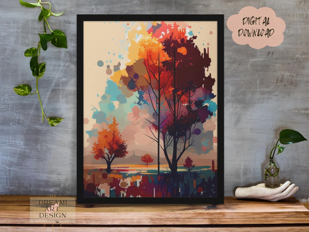 Water Painting Style Fall Landscape Art Piece, Modern Abstract Minimalist Simplistic, Digital ...