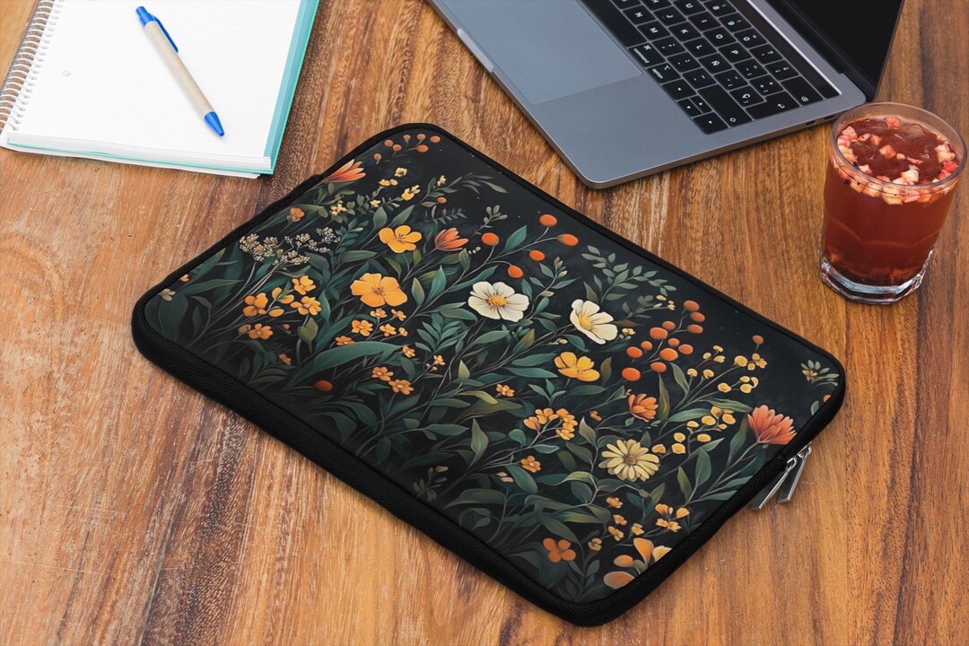 Golden Blooms in Midnight Field Design Laptop Sleeve, Cute Aesthetic ...