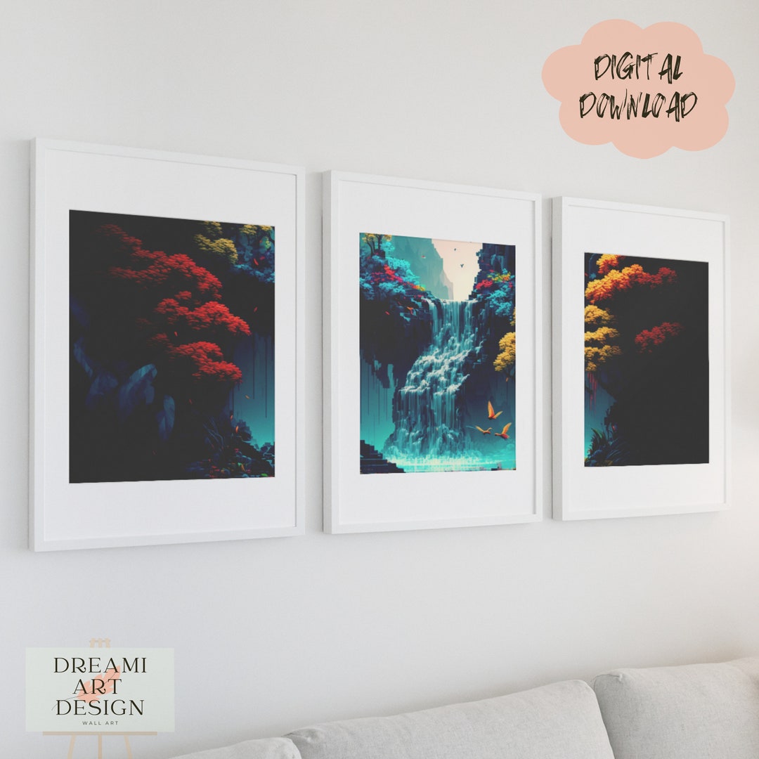 Pixelated Colorful Waterfall, Fantasy, Fall, 3 Piece Wall Art, Digital ...