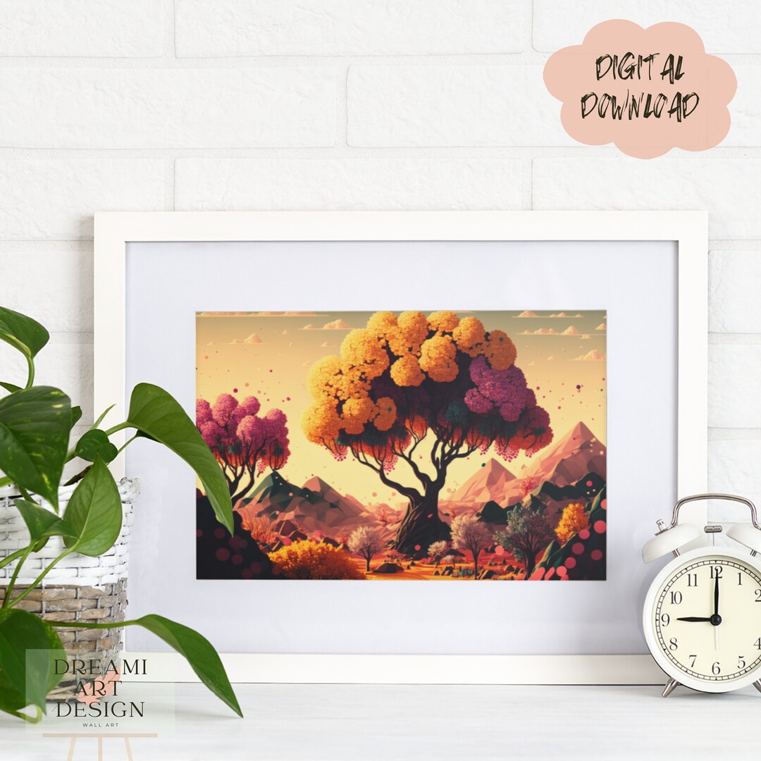 Dreamy Fantasy Grand Trees Landscape Art Piece, Modern Simplistic ...