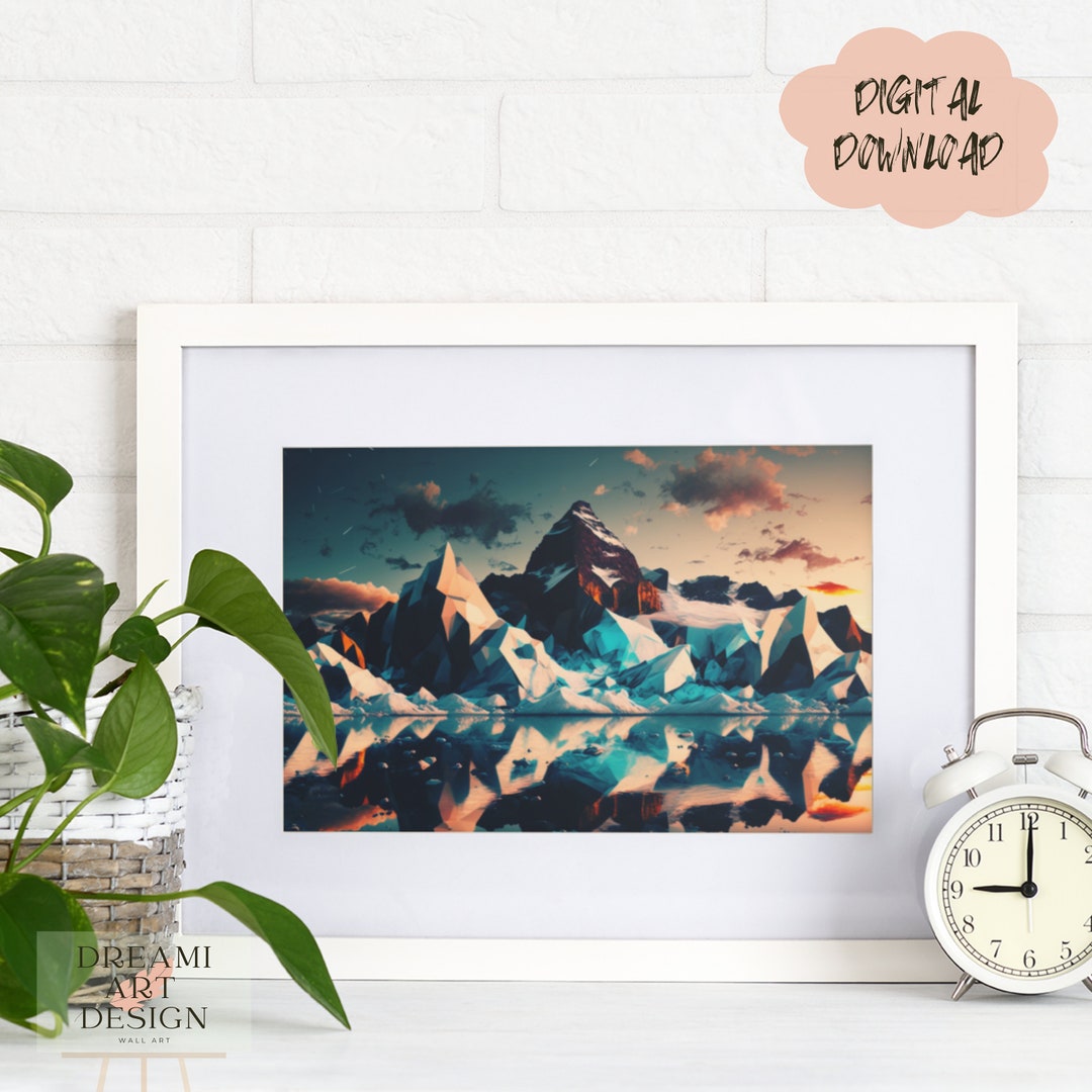 Glacier Mountain Landscape Art Piece, Lake Reflection, Modern ...