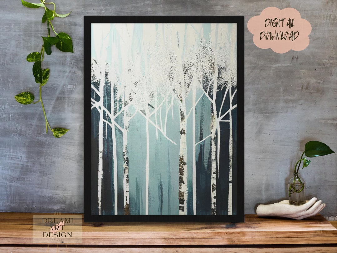 Paper White Birch Tree Forest Art Piece, Blue Modern Abstract ...