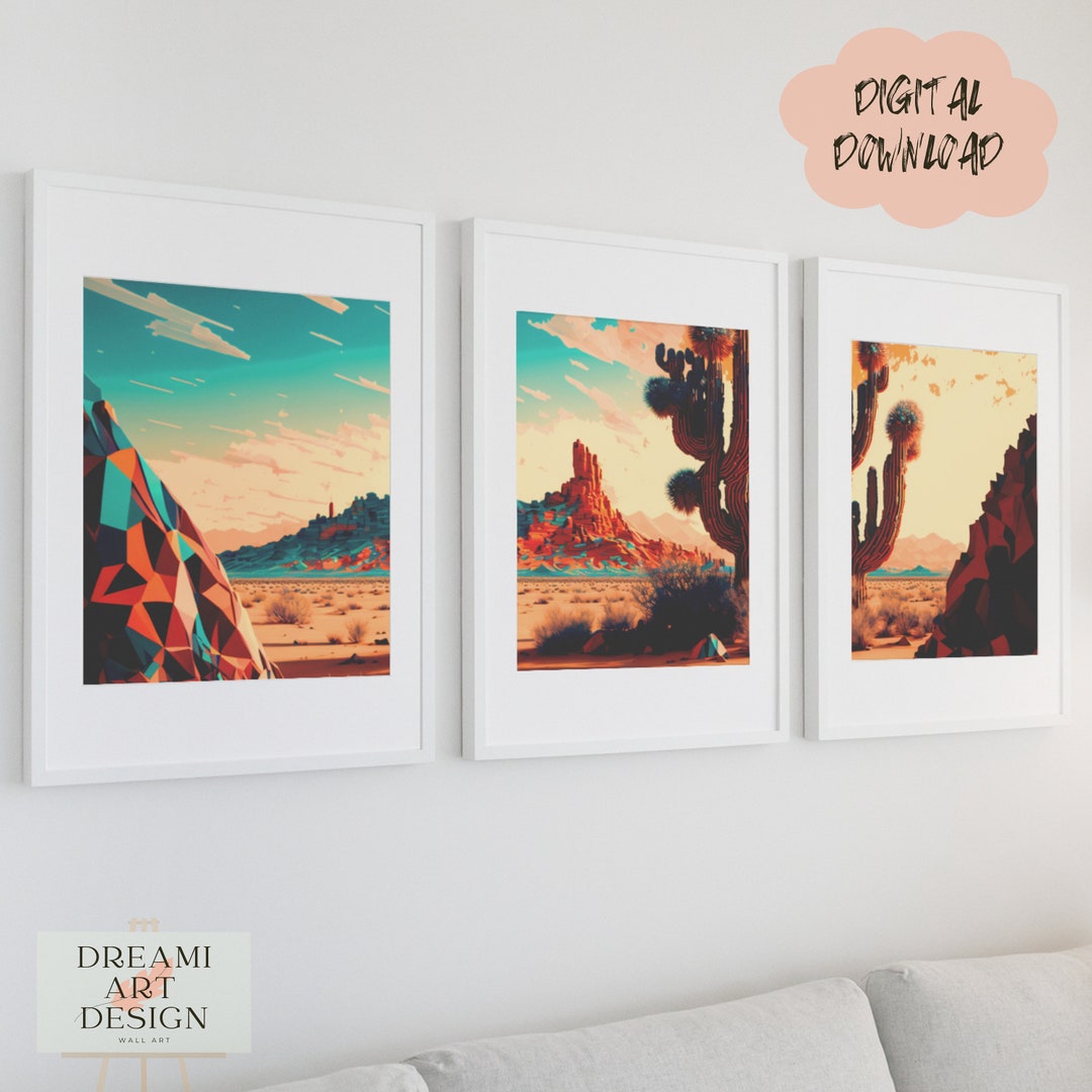 Pixelated Desert Cactus Mountain, Turquoise, 3 Piece Wall Art, Digital ...