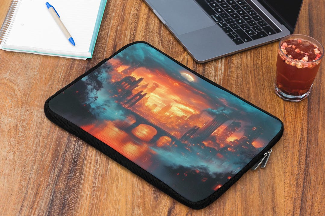 Fiery Cityscape Under Full Moon Design Laptop Sleeve, Cute Aesthetic ...