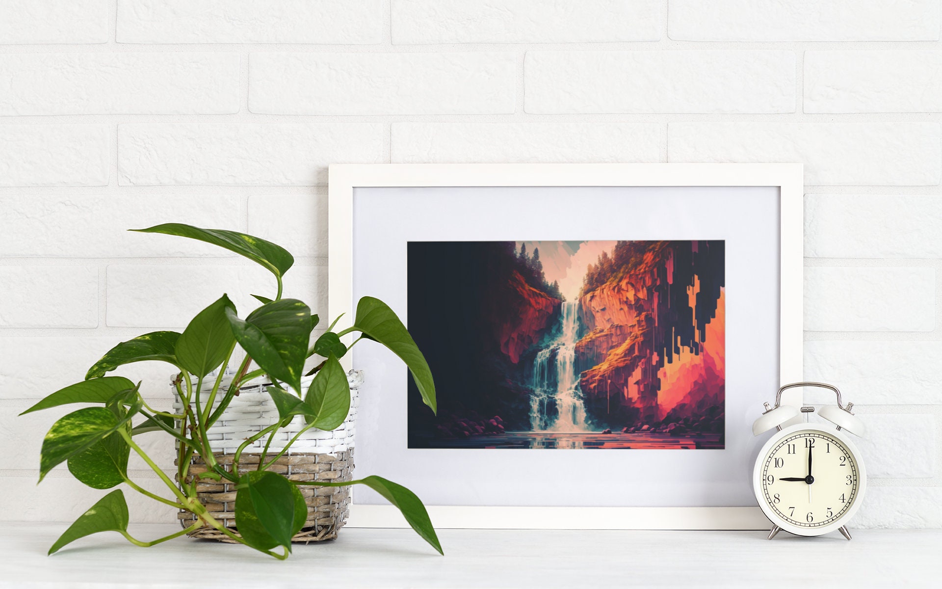 Digital Pixelated Waterfall Landscape Art Piece, Lake Reflection ...