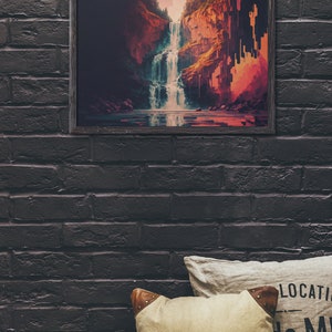 Digital Pixelated Waterfall Landscape Art Piece, Lake Reflection ...