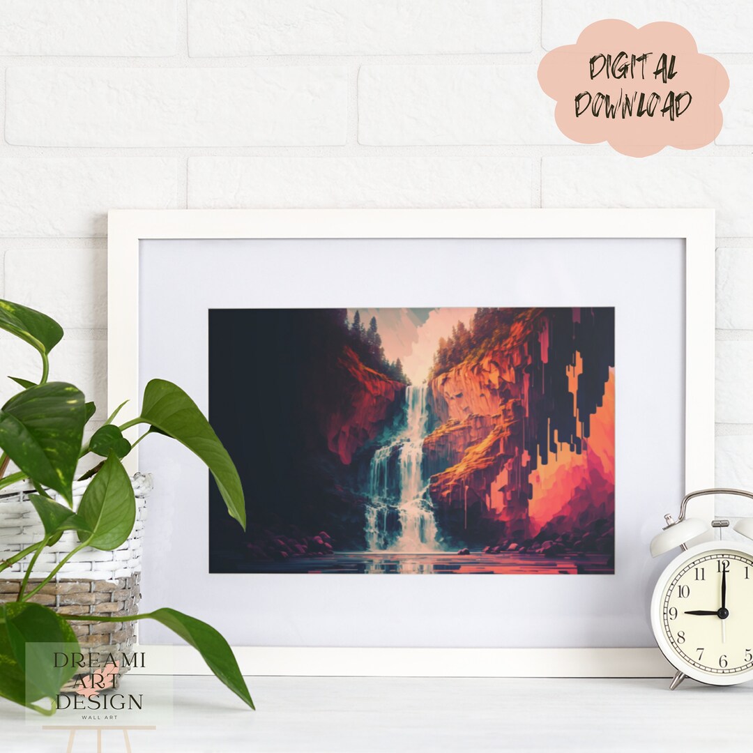Digital Pixelated Waterfall Landscape Art Piece, Lake Reflection ...