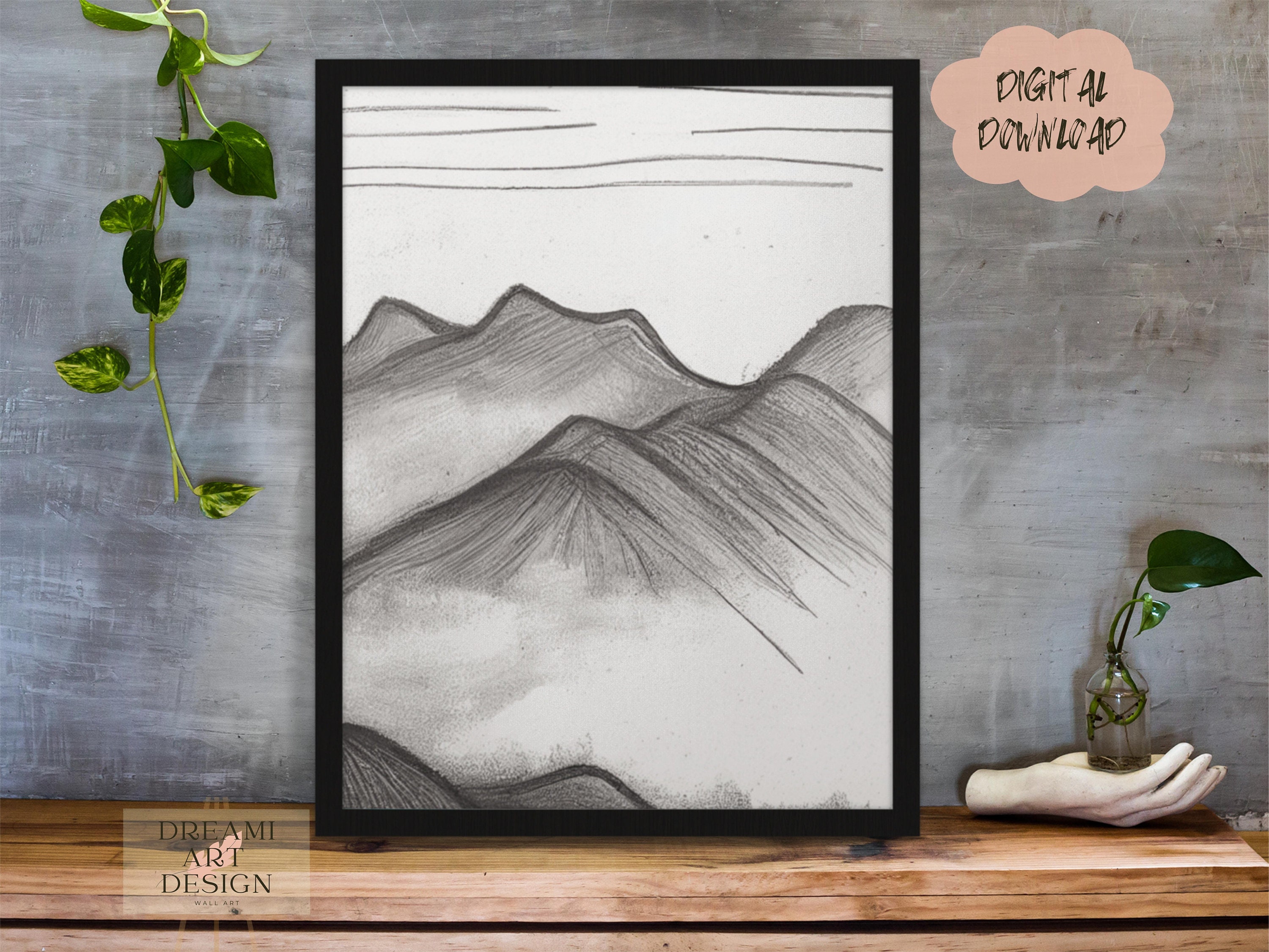 Mountain Range Line Pencil Drawing Styled Piece, Modern Abstract ...