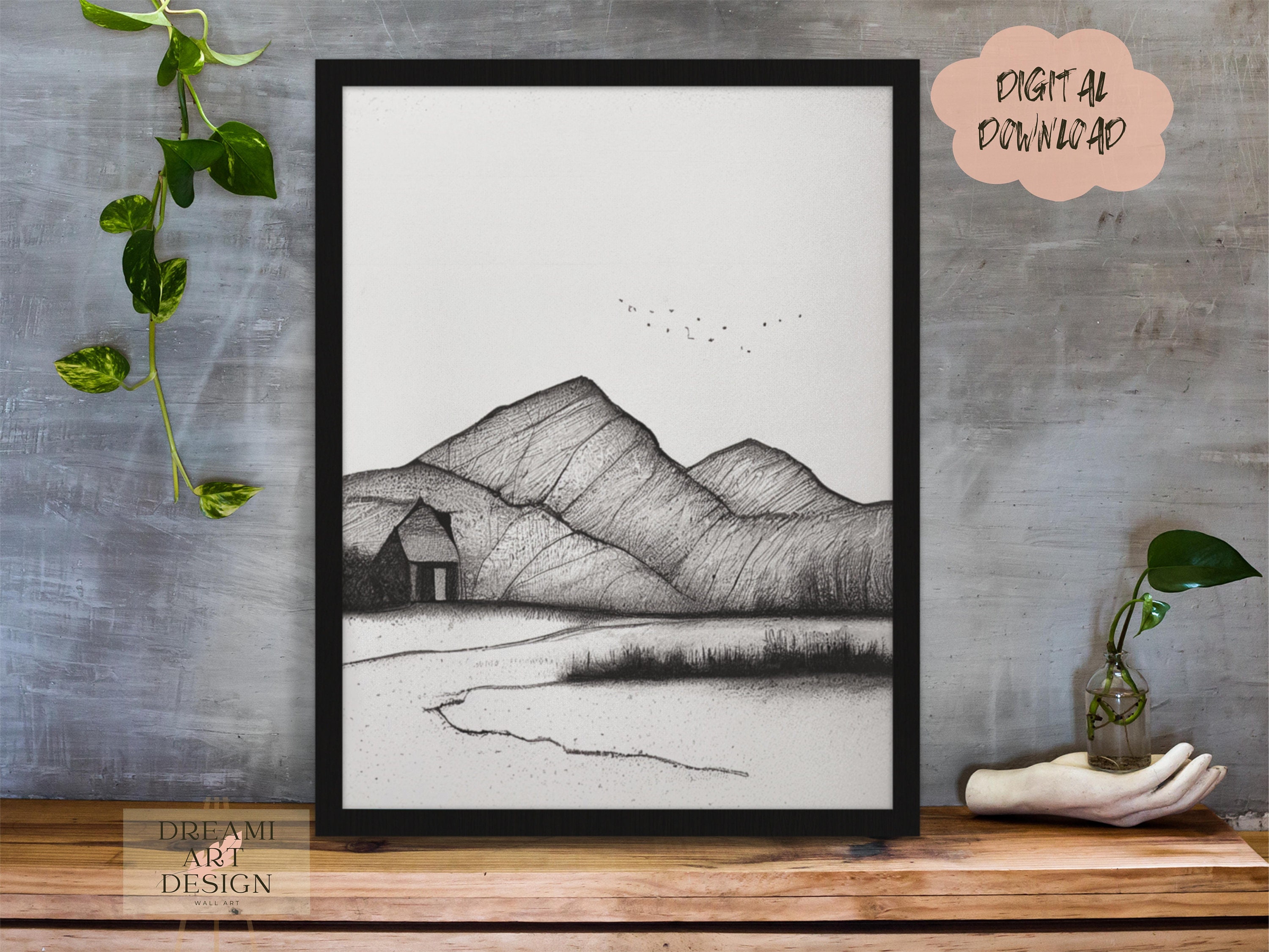 Mountain Range With Cabin Line Art Styled Piece, Modern Abstract ...