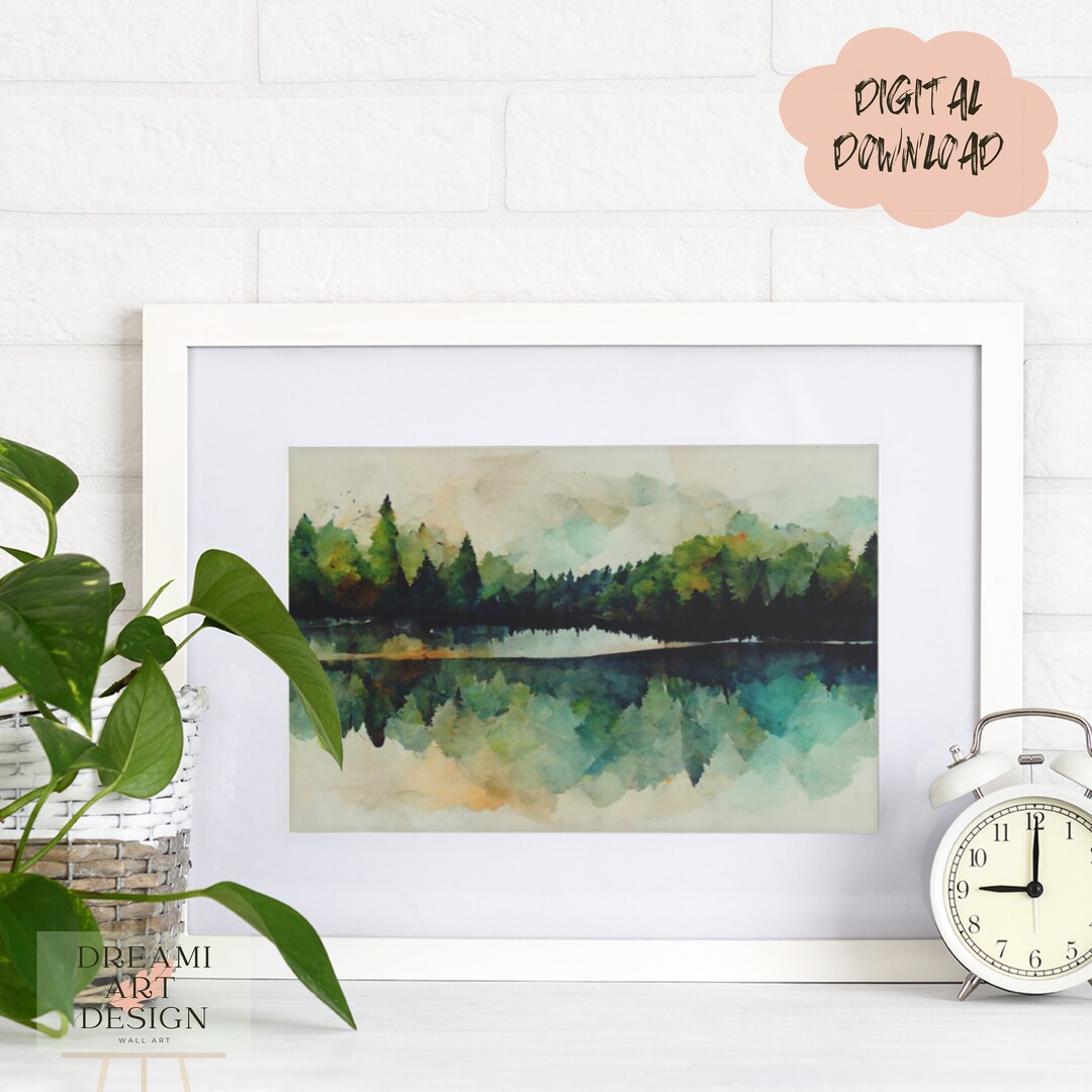 Green Watercolor Forest and Lake Reflection Landscape Drawing Art Piece ...