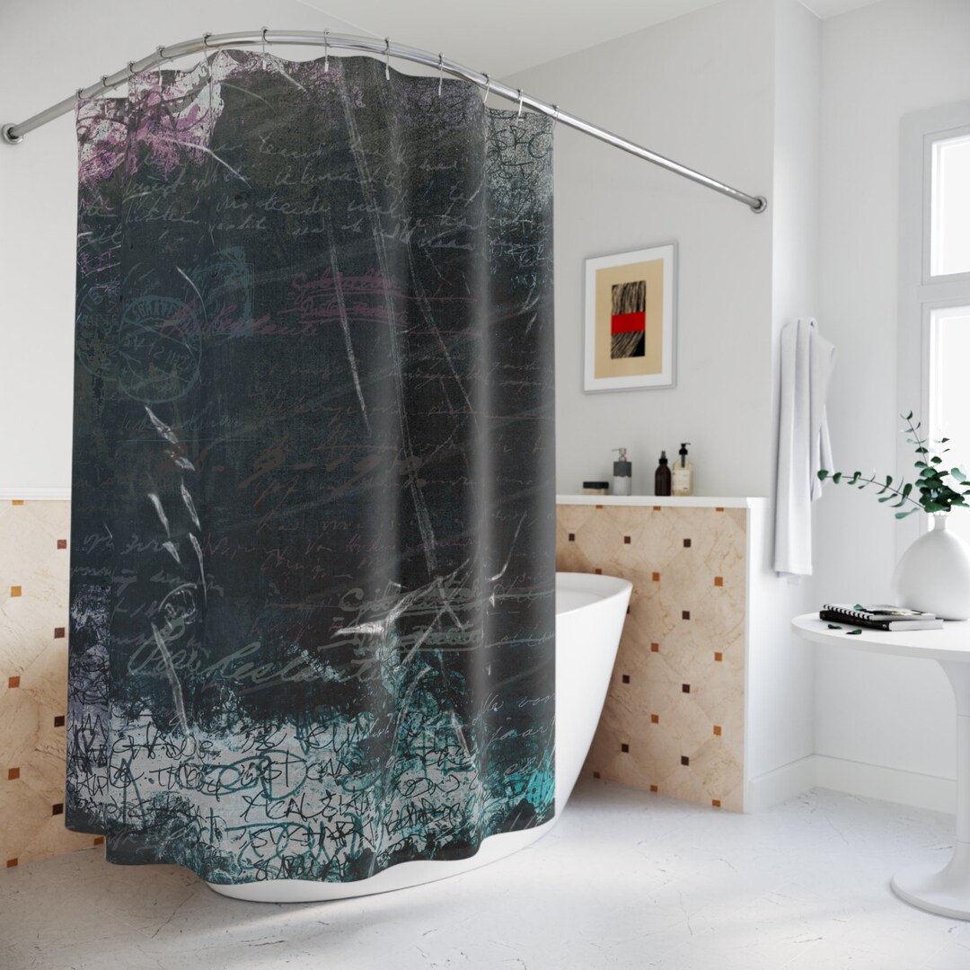 Moody Script Shower Curtain | Dark Grunge Bathroom Linen | Moody Shabby Chic Shower Curtain ...