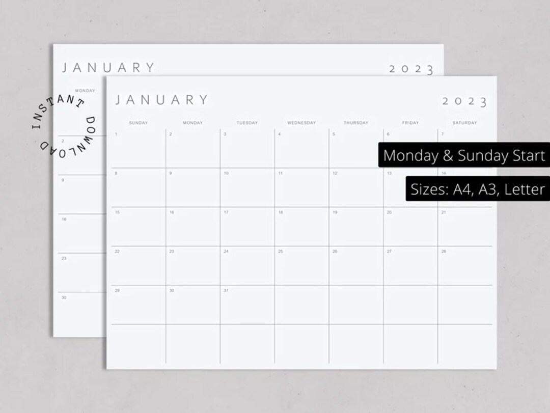 Minimalist Calendar 2023, | A4/a3/letter, Digital Monthly Planner ...