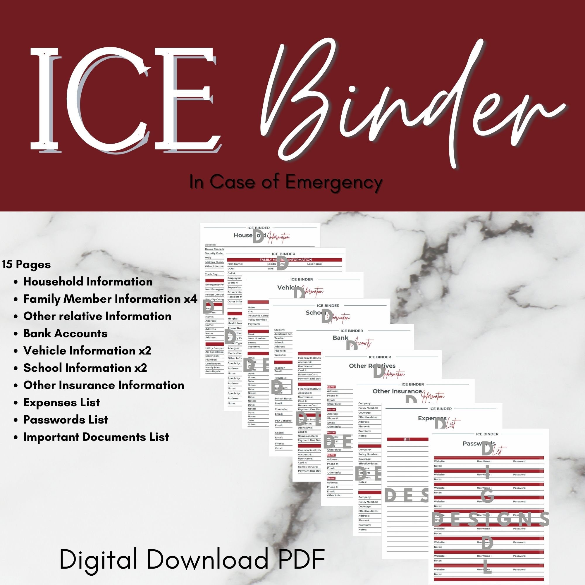In Case of Emergency (ICE) Binder/planner/organizer- PDF -printable and ...