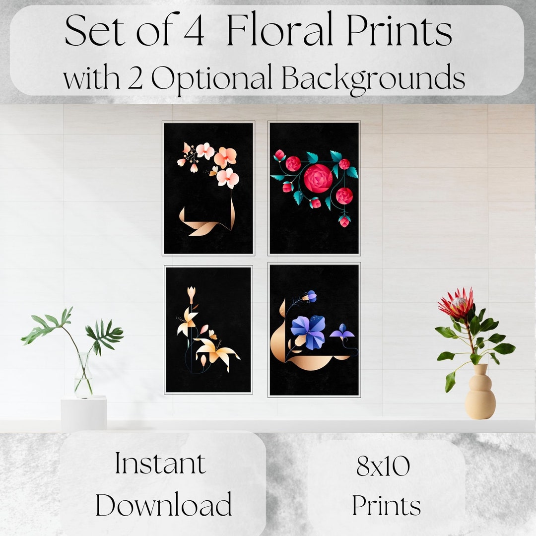 Set of 4 Prints, Digital Download of Graphic Flowers, 2 Optional ...