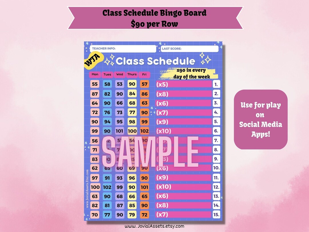 Class Schedule Bingo Board: Winner Takes All (digital Download) - Etsy