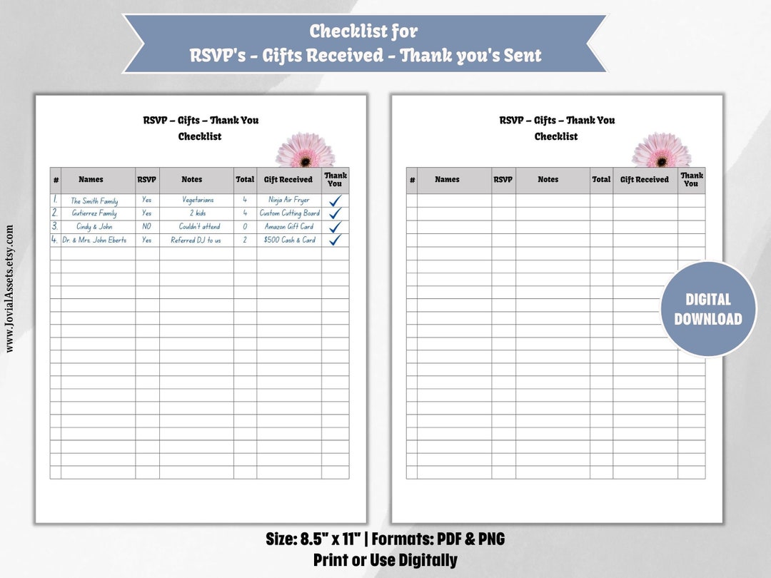Checklist RSVP Gifts Received Thank You Notes Sent Wedding Checklist ...
