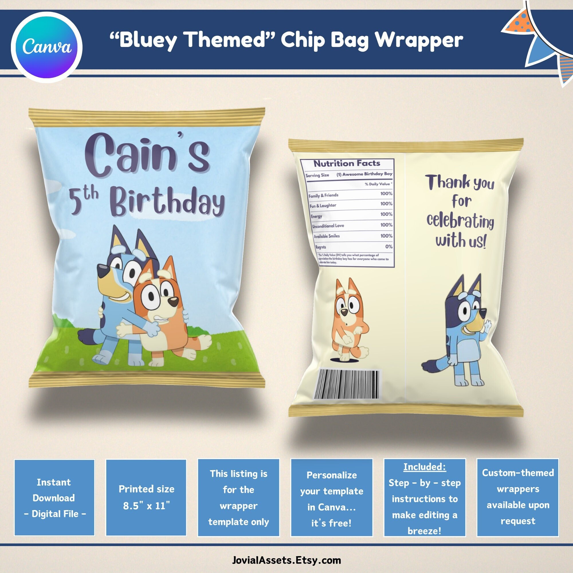 Bluey Birthday Party Chip Bag Wrapper: Printable Canva Template ...