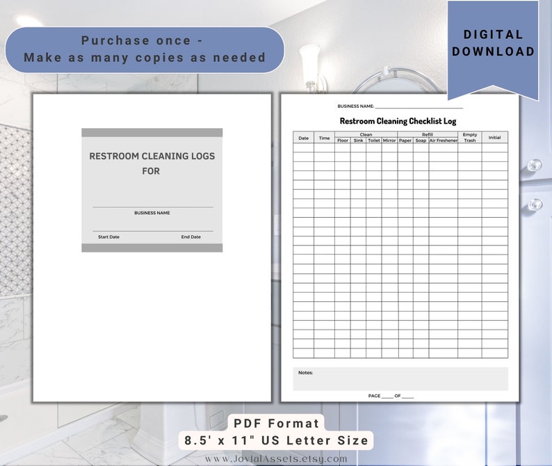 Bathroom Cleaning Checklist Log: Business Printable (digital Download ...