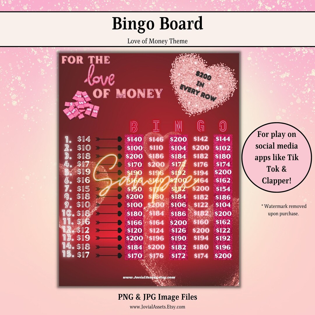 Bingo Board for the Love of Money Theme Digital Bingo Board PNG Bingo ...