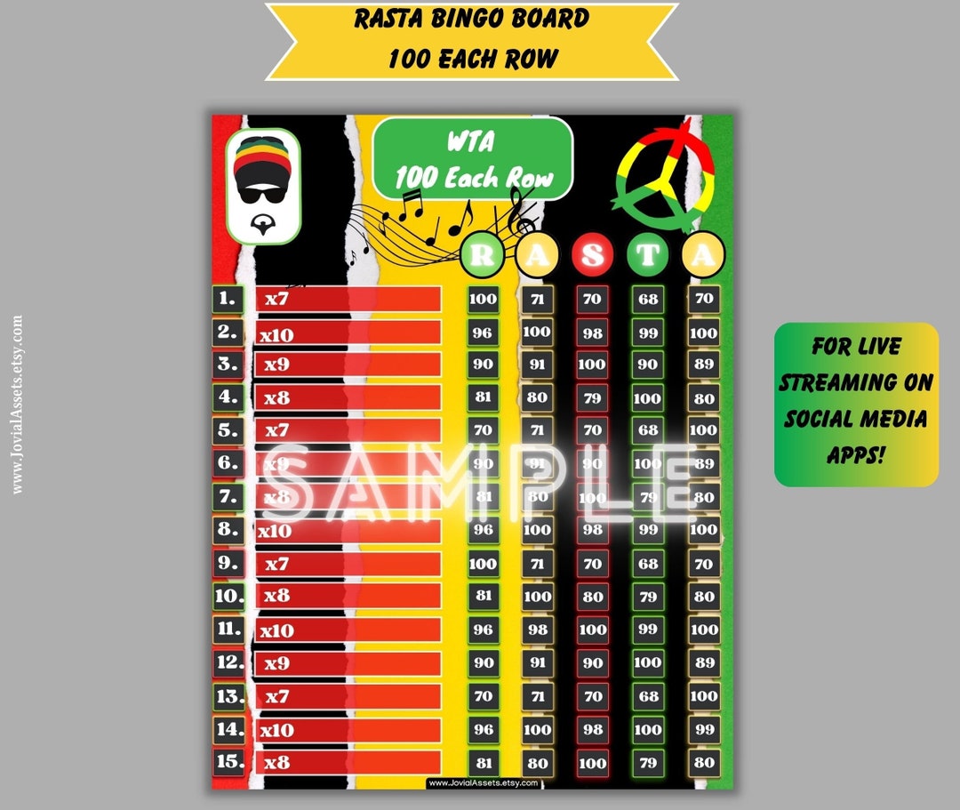 Rasta Bingo Board: WTA 100 Each Row (PNG JPG Digital Download) - Etsy