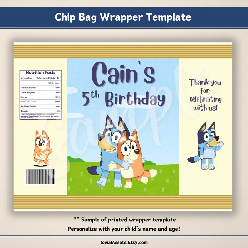 Bluey Birthday Party Chip Bag Wrapper: Printable Canva Template ...