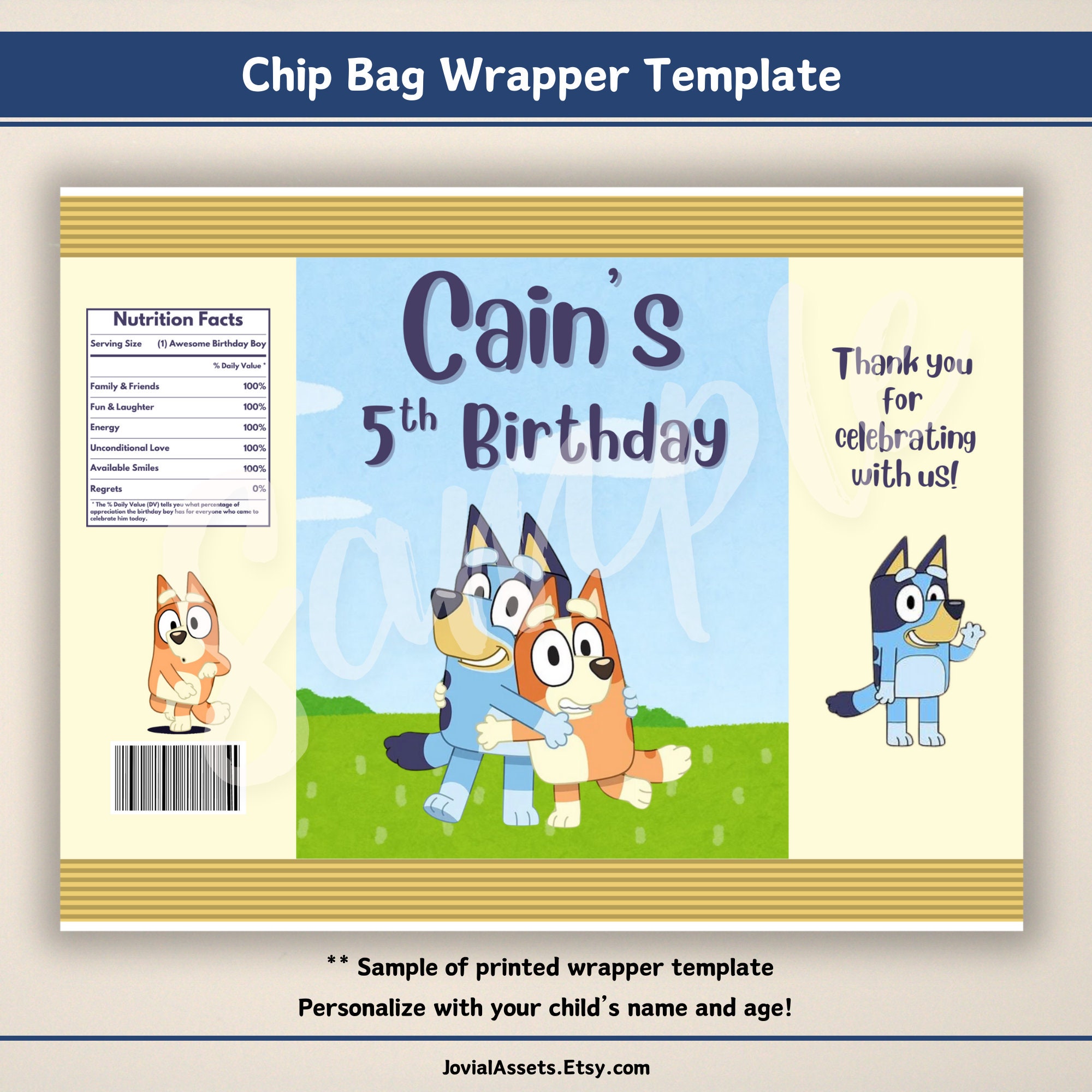 Bluey Birthday Party Chip Bag Wrapper: Printable Canva Template ...