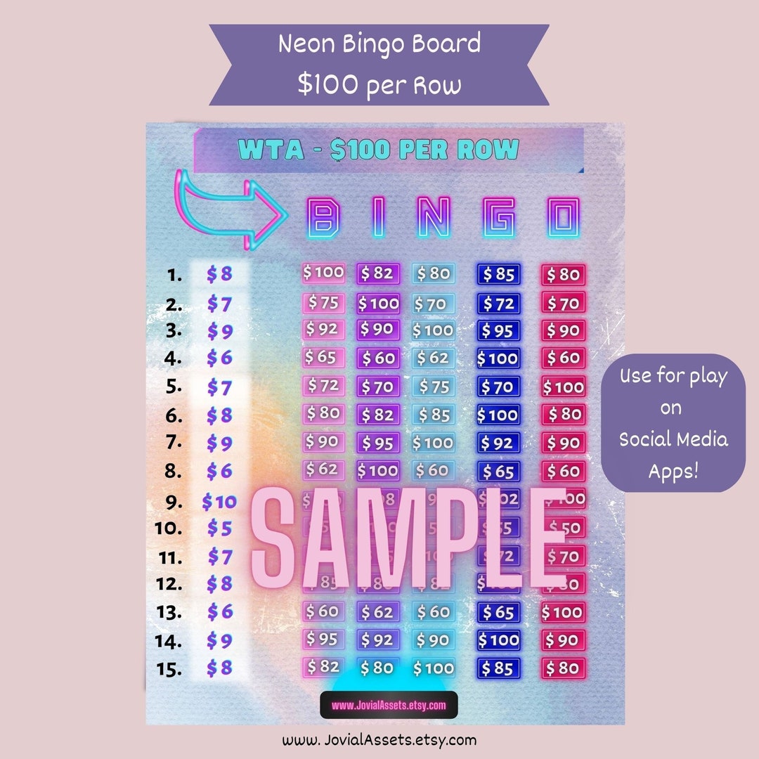 Bingo Board Neon Bingo Blingo Pick Your Prize PYP Winner Takes All WTA ...