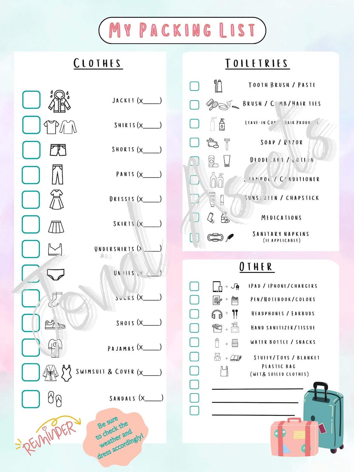 Printable Vacation Packing List for Girls and Teens Instant Download ...