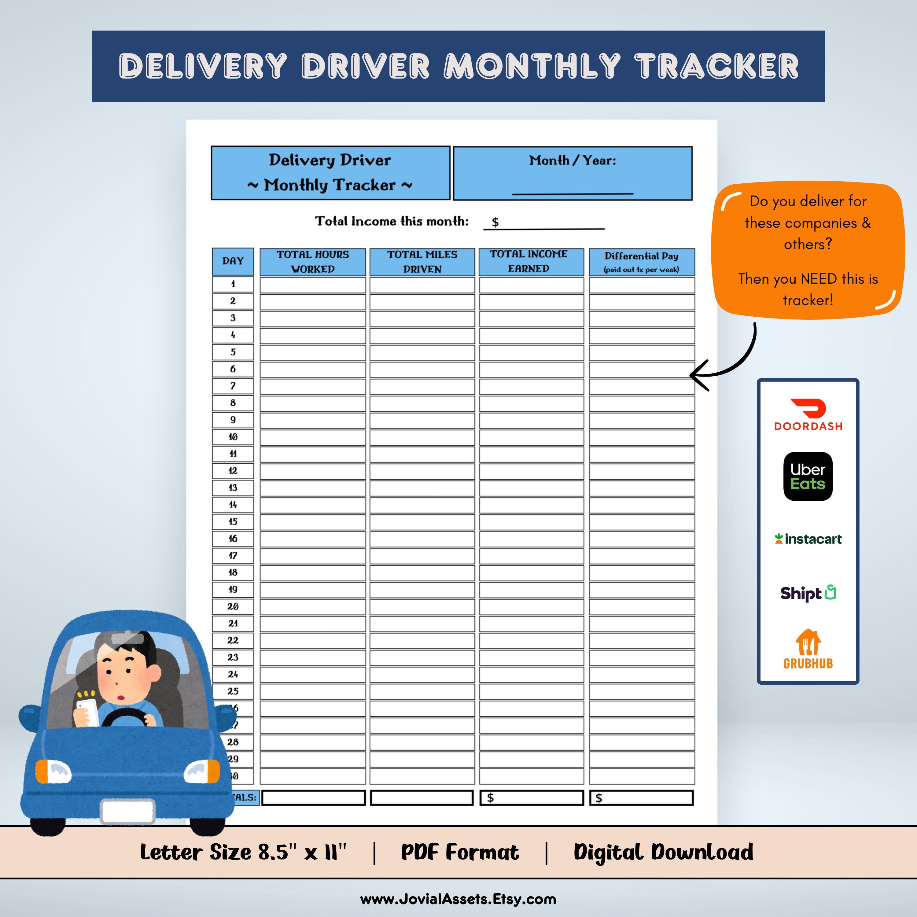 Delivery Driver Monthly Tracker: Income & Mileage Log (PDF Printable ...