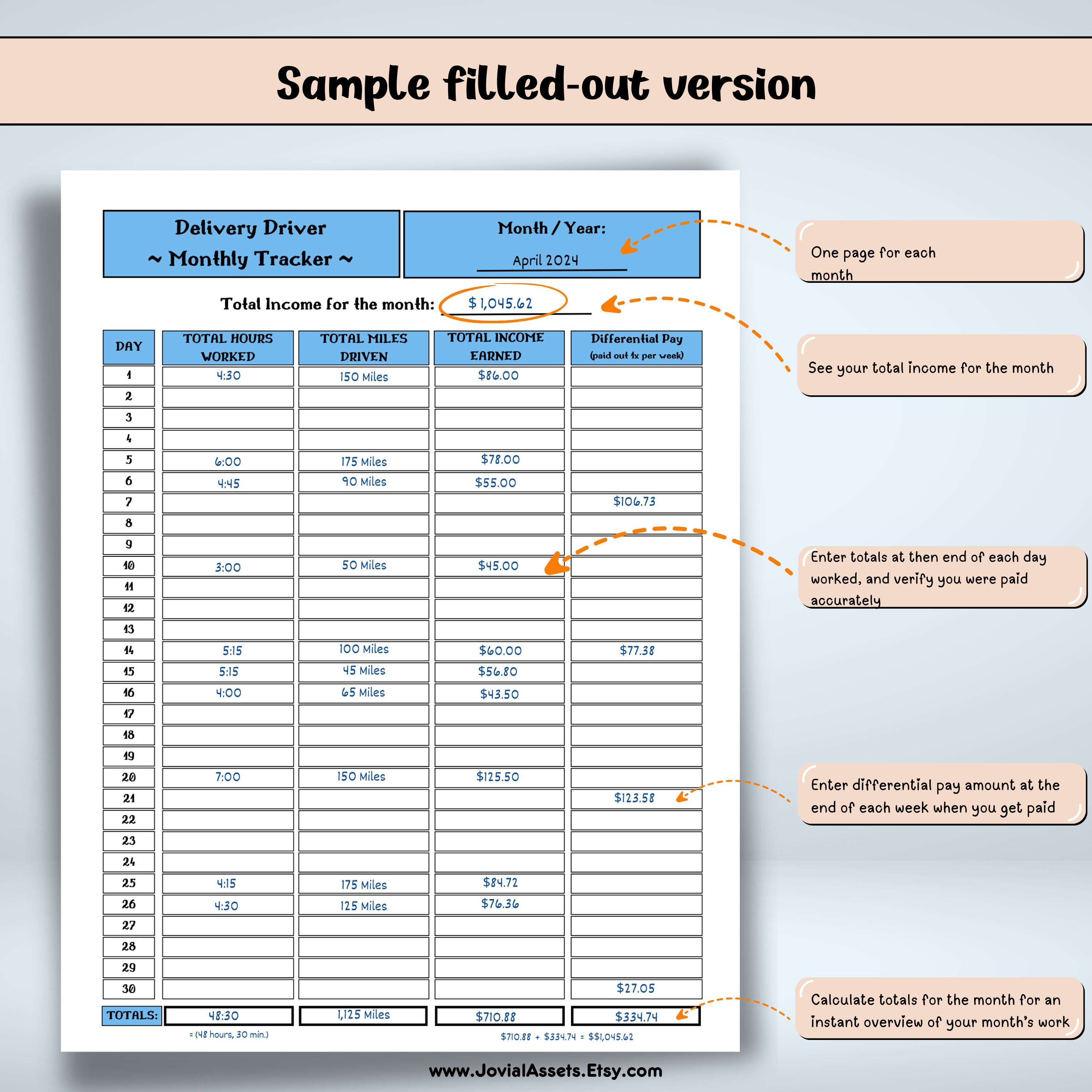 Delivery Driver Monthly Tracker: Income & Mileage Log (PDF Printable ...