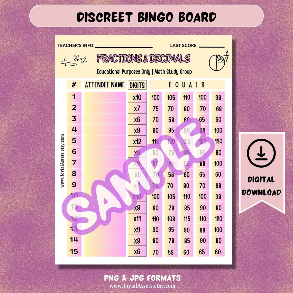 Math Class Bingo Fractions Decimals Bingo Algebra Bingo Discreet Bingo ...